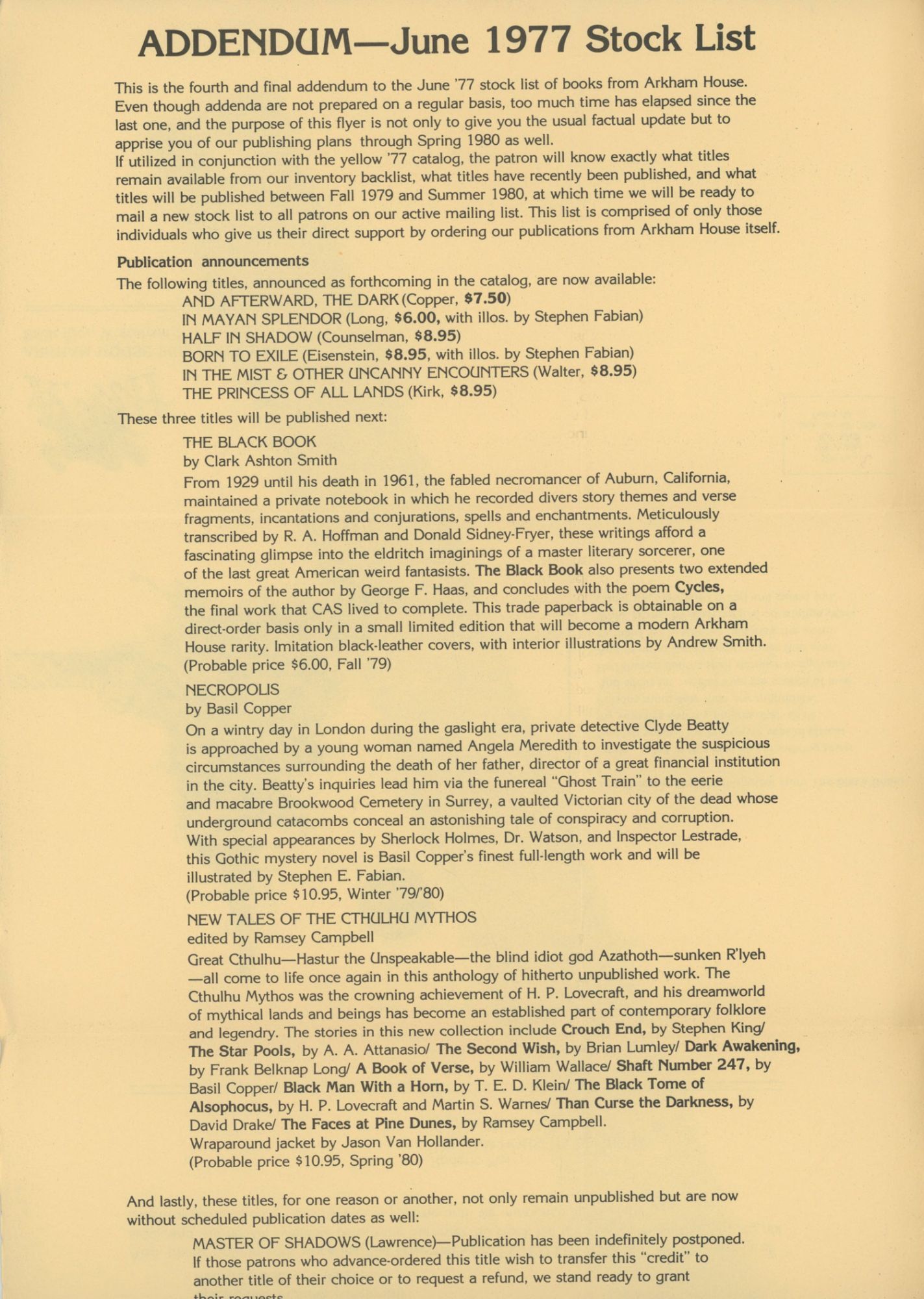 ADDENDUM -- JUNE 1977 STOCK LIST ... caption title | Arkham House